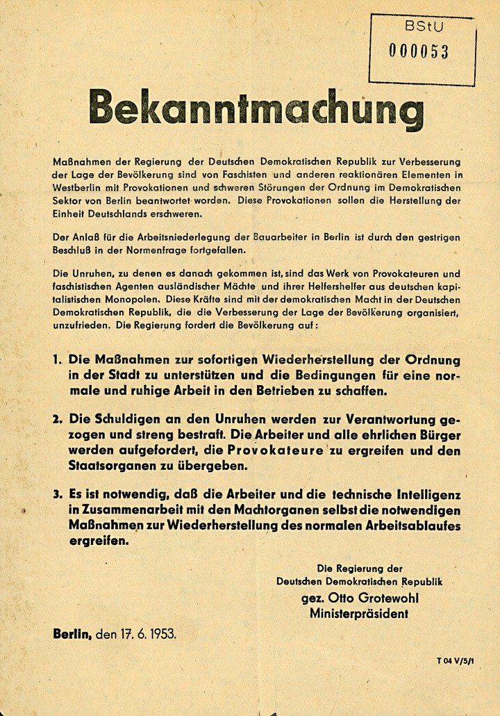 Volksaufstand des 17. Juni 1953 | Mediathek des Stasi-Unterlagen-Archivs
