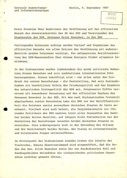 Zusammenfassung der Reaktionen der DDR-Bevölkerung auf den Besuch von ...